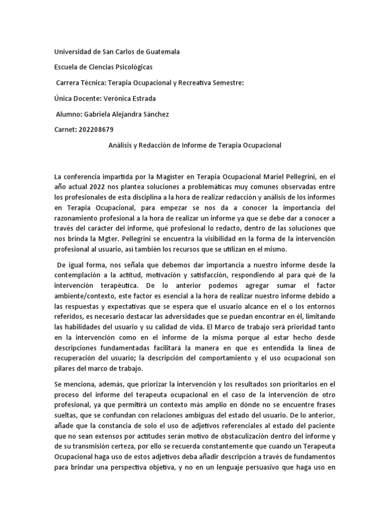 Resumen Análisis y Redacción Informe de Terapia Ocupacional | PDF ...