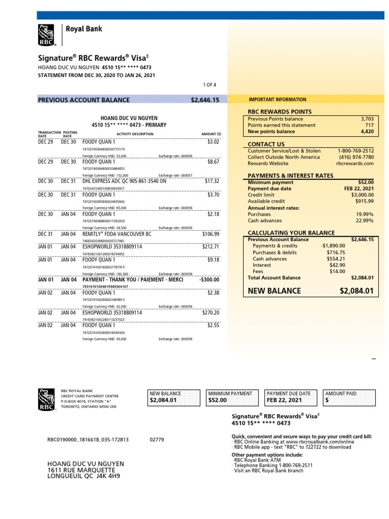 Signature RBC Rewards Visa: Previous Account Balance $2,646.15 | PDF ...
