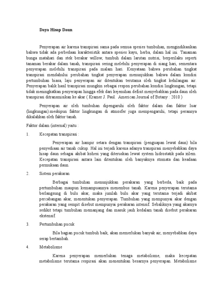 Daya Hisap Daun dan Penyerapan Air Tumbuhan | PDF