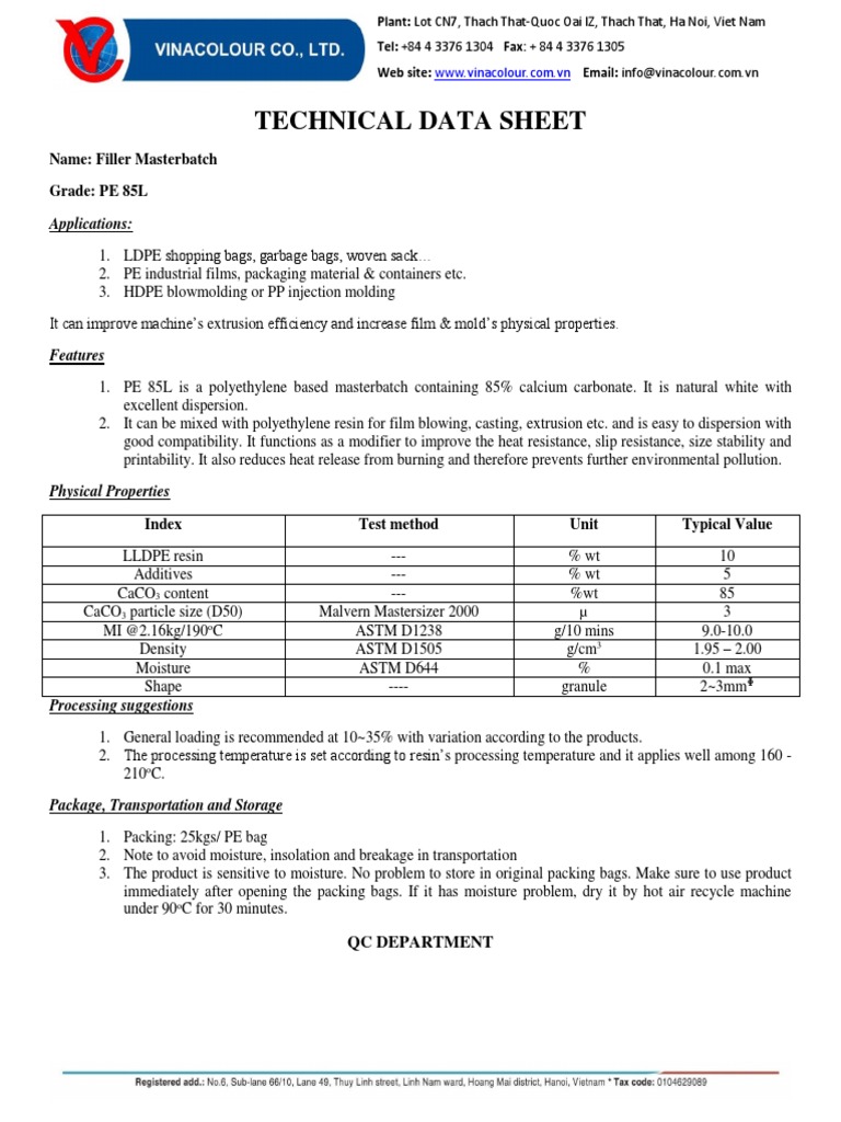 Technical Data Sheet: Name: Filler Masterbatch Grade: PE 85L | PDF ...
