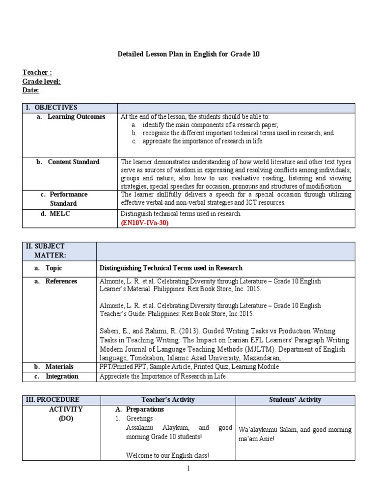 Detailed Lesson Plan in English For Grade 10 Teacher: Grade Level: Date ...