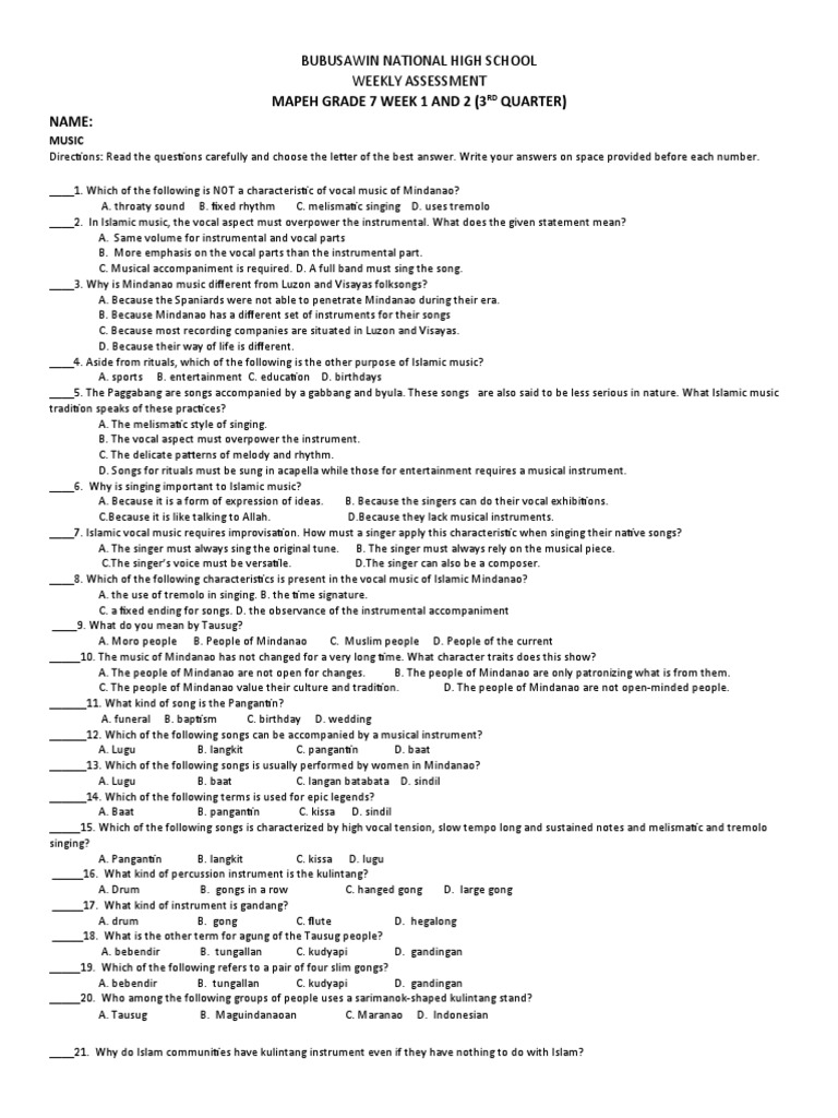Mapeh Grade 7 Week 1 and 2 (3 Quarter) Name:: Bubusawin National High ...