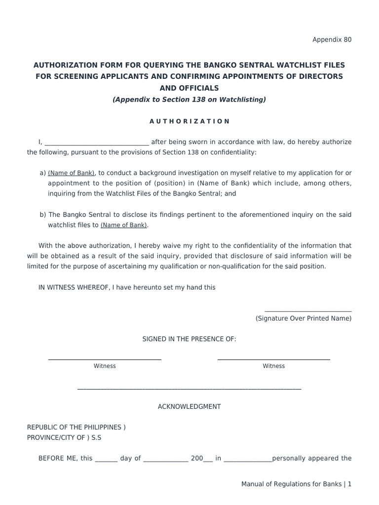 Authorization Form For Querying The Bangko Sentral Watchlist Files For ...