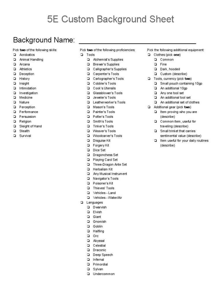 Character Creation: A Custom Background Sheet for Skills, Proficiencies ...
