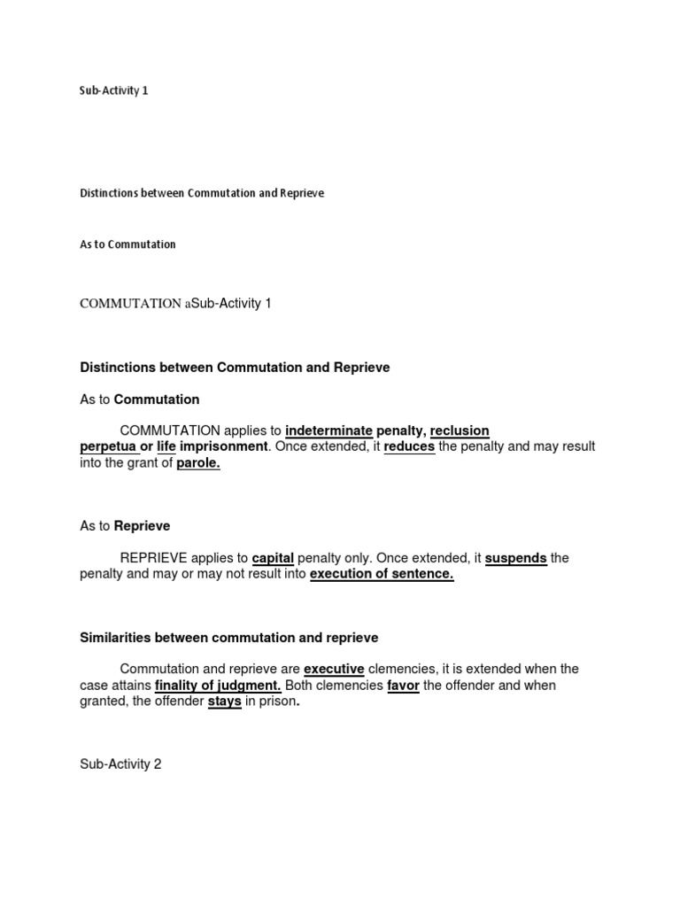 Sub-Activity 1: Distinctions Between Commutation and Reprieve | PDF ...