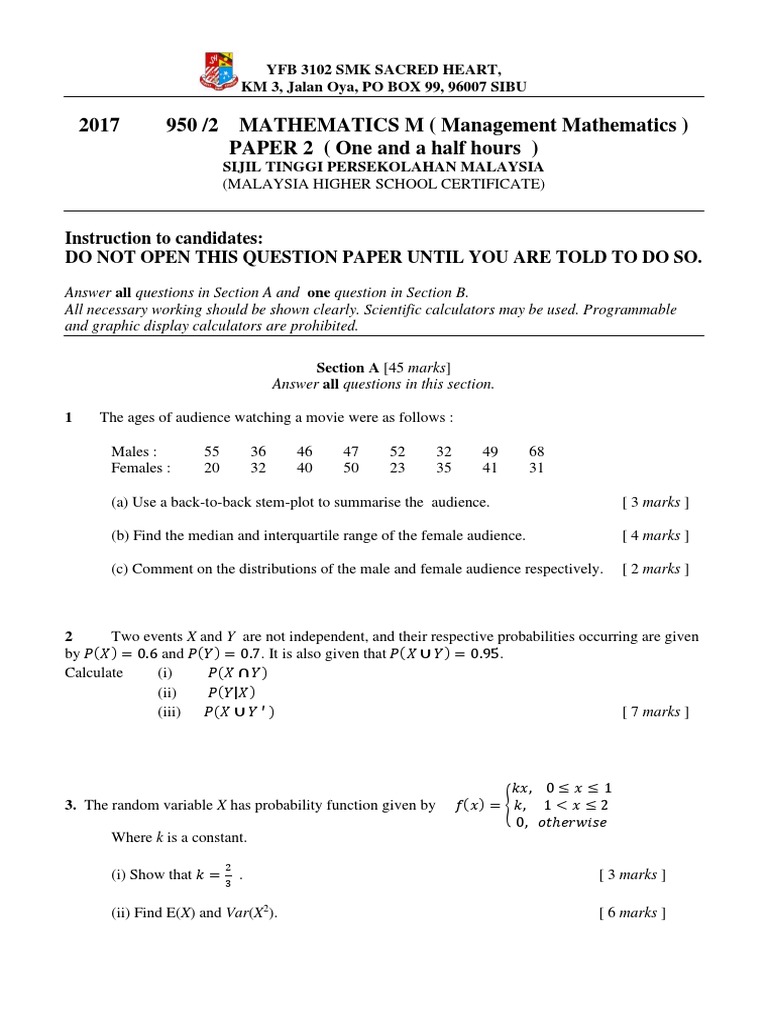 Mathematics Examination Paper 2017 | PDF | Statistics | Statistical ...