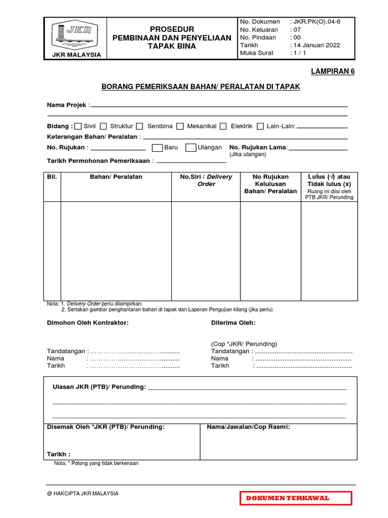 Borang Pemeriksaan Bahan JKR | PDF