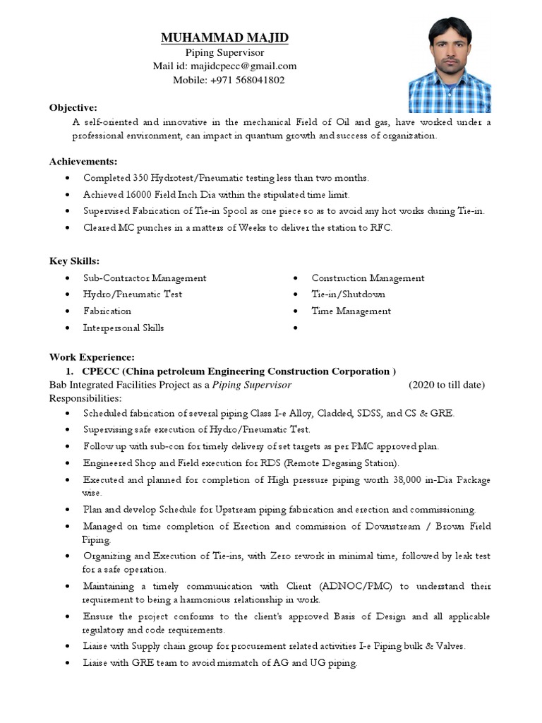 Majid Piping Supervisor CV | PDF | Engineering