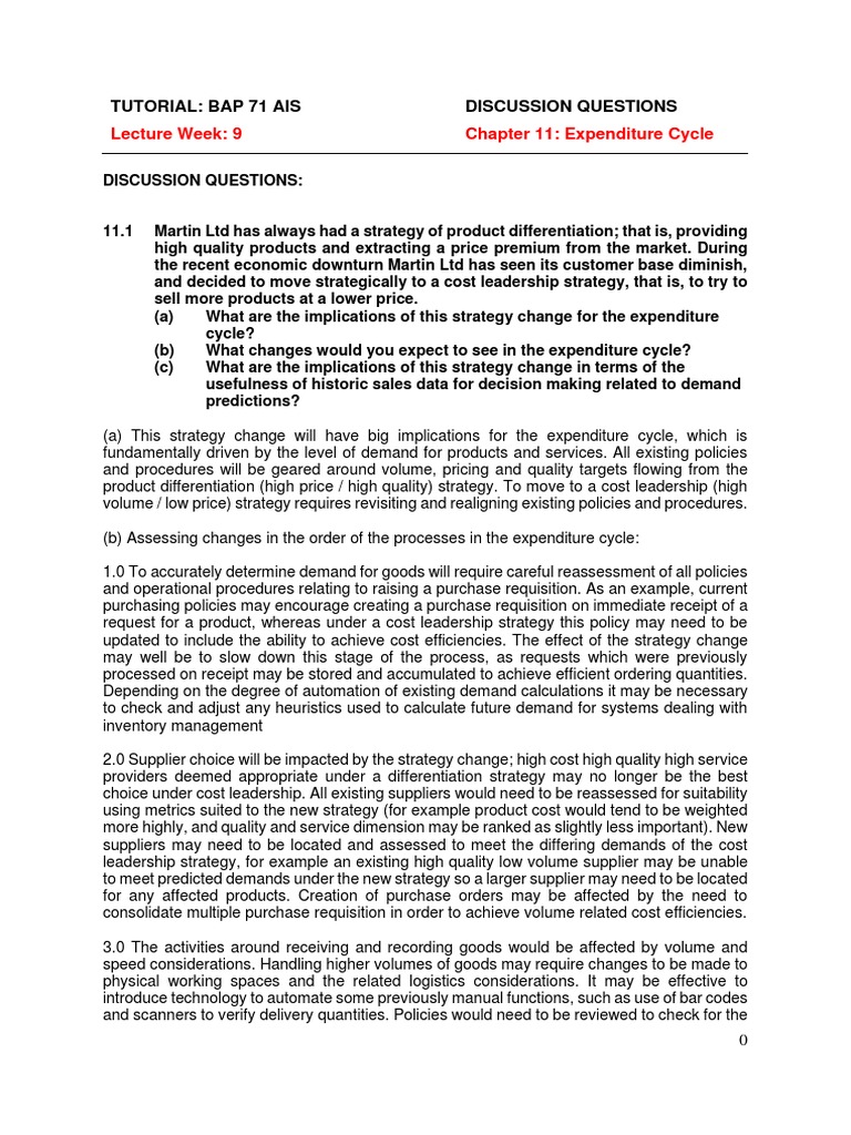 Lecture Week: 9 Chapter 11: Expenditure Cycle: Tutorial: Bap 71 Ais Discussion Questions | PDF ...