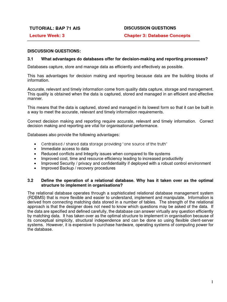 Lecture Week: 3 Chapter 3: Database Concepts: Tutorial: Bap 71 Ais | PDF | Databases ...