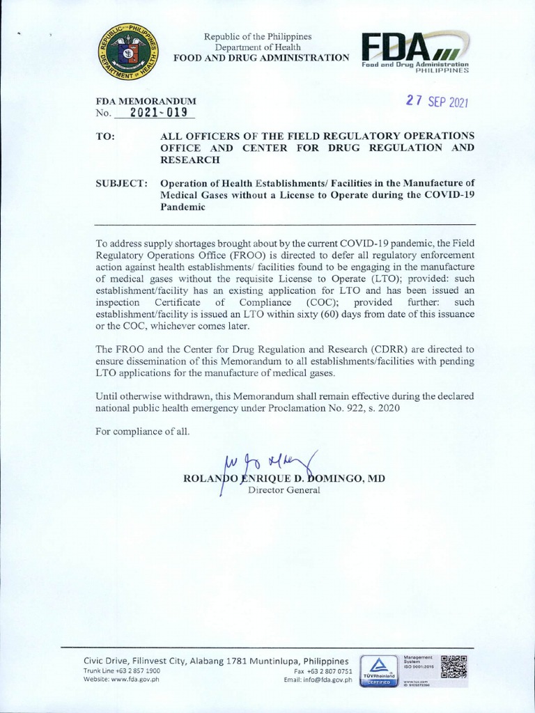 FDA Memorandum No.2021 019 Operation of Health Establishment Facilities ...
