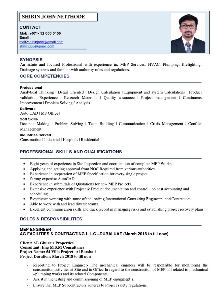 Shibin John CV MEP Engineer | PDF | Specification (Technical Standard) | Consultant