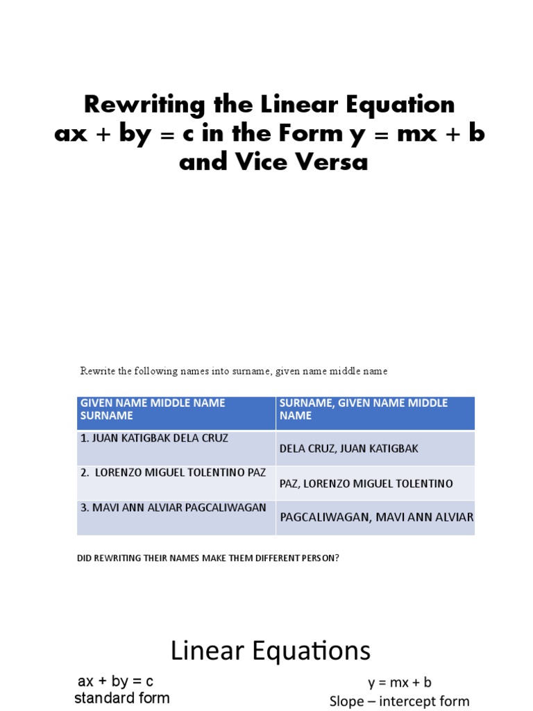 Rewriting The Linear Equation Ax By C In The Form Y MX B And Vice