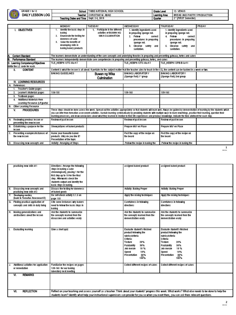 Grade 12 Baking Lesson Plan | PDF | Cakes | Learning