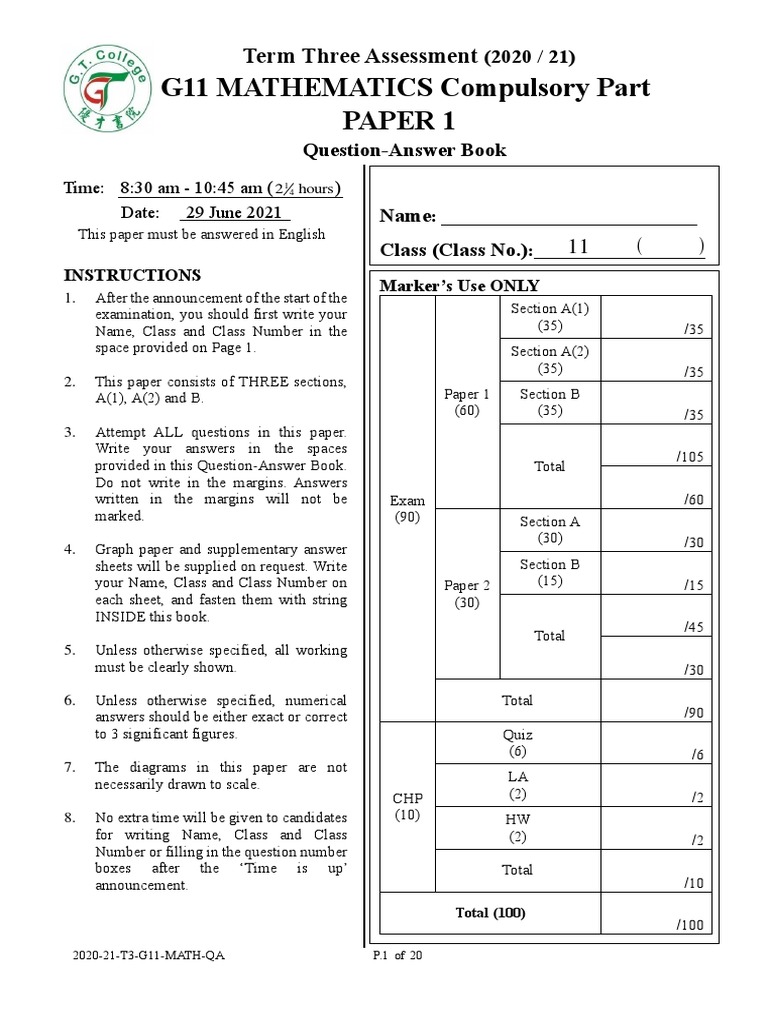 G11 MATHEMATICS Compulsory Part Paper 1: Term Three Assessment | PDF ...