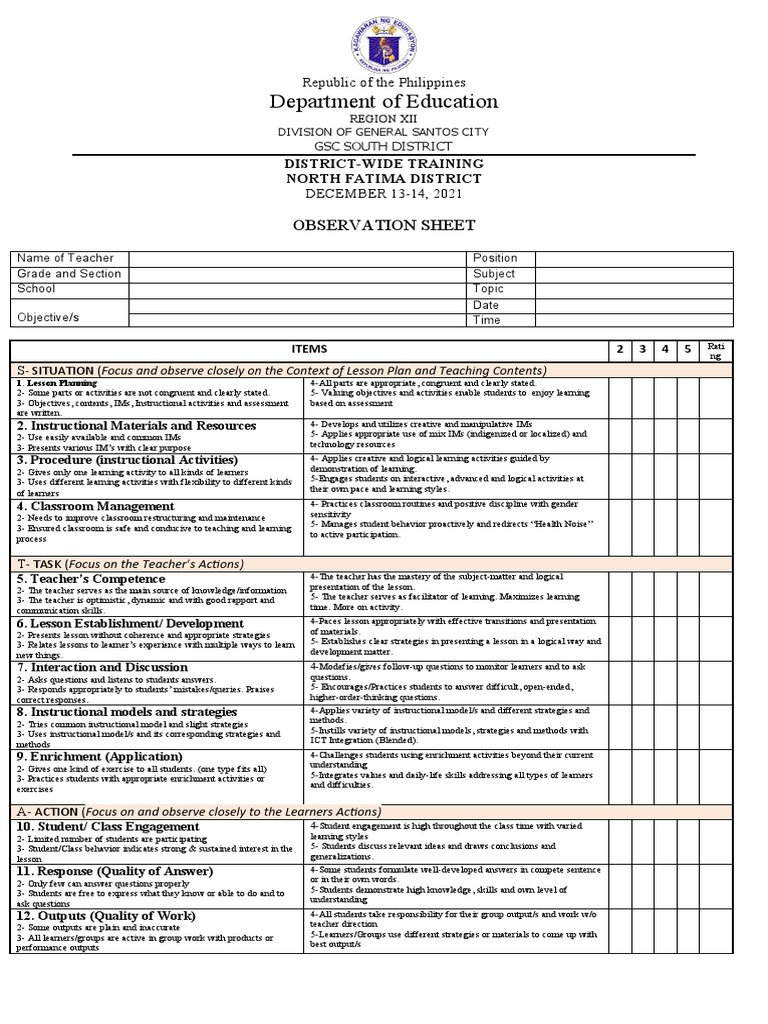 Department of Education: Observation Sheet | PDF | Educational ...
