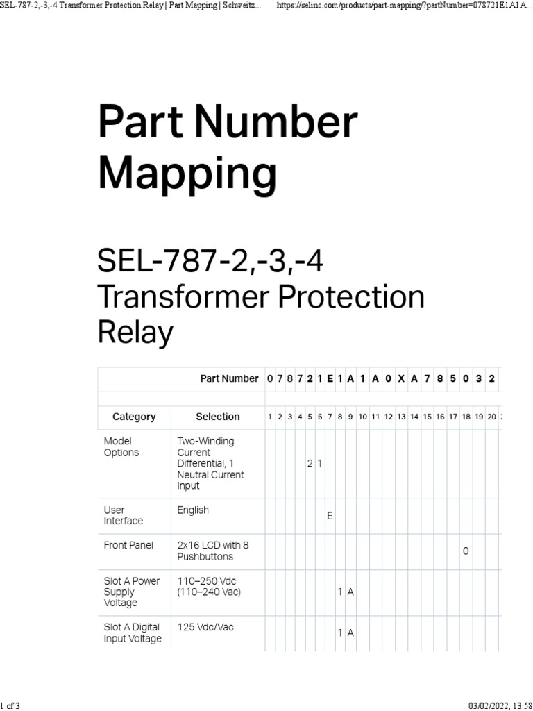 Part Number Mapping: SEL-787-2,-3,-4 Transformer Protection Relay | PDF ...