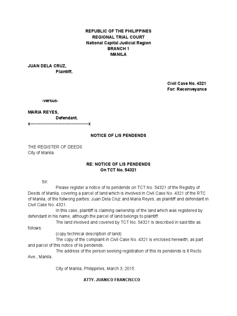 Form No. 23 NOTICE OF LIS PENDENS | PDF