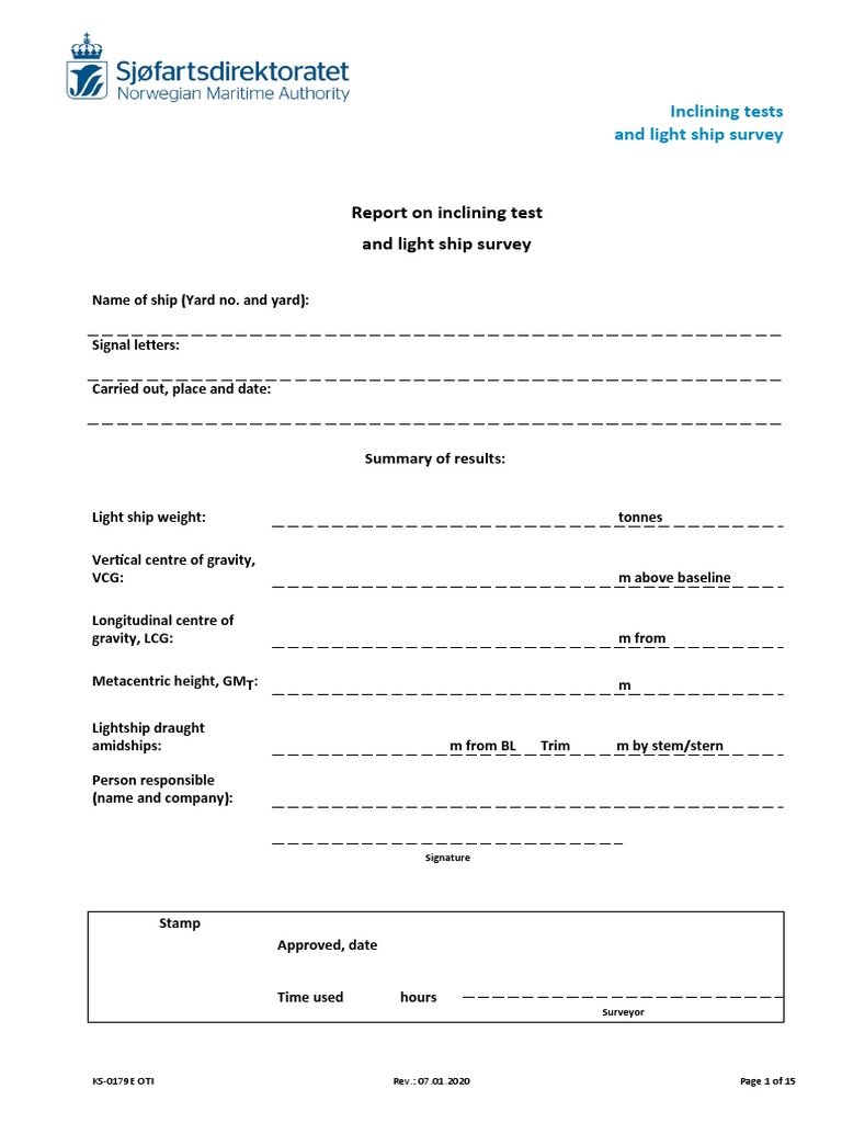 Ks 0179 Report On Inclining Test Eng | PDF | Hull (Watercraft) | Ships