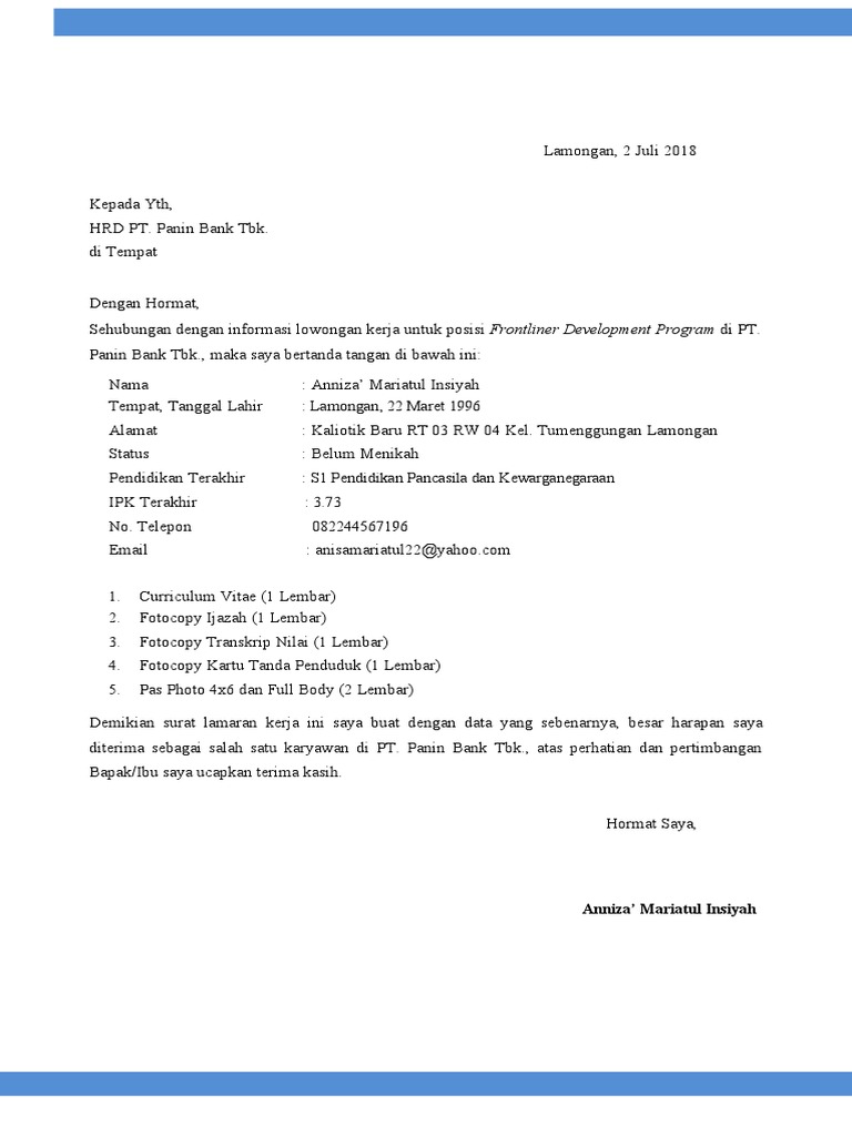 Lamaran Kerja Frontliner Panin Bank | PDF