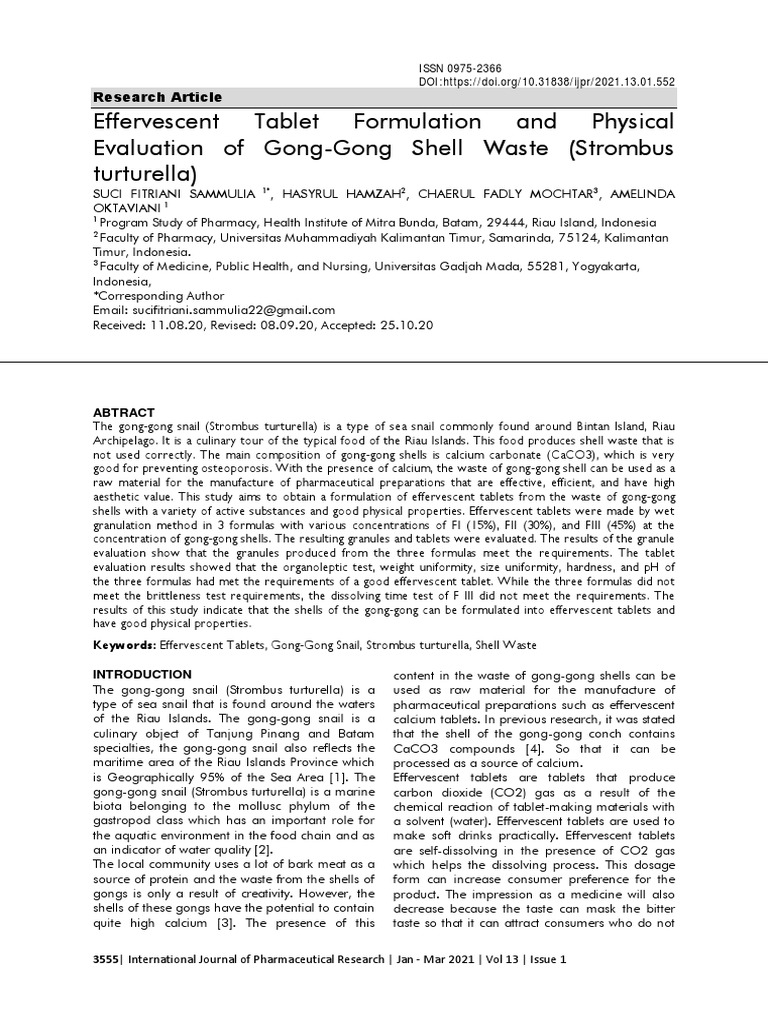 Effervescent Tablet Formulation and Physical Evaluation of Gong-Gong ...
