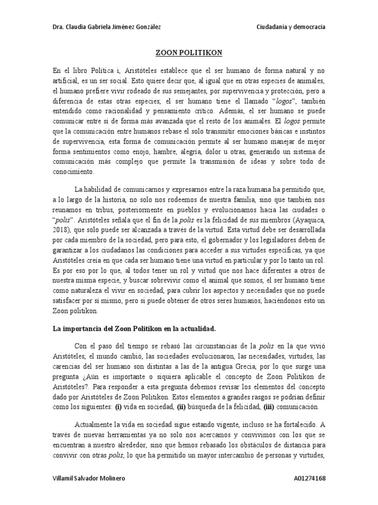 Zoon Politikon Aristóteles | PDF | Aristóteles | Sociedad