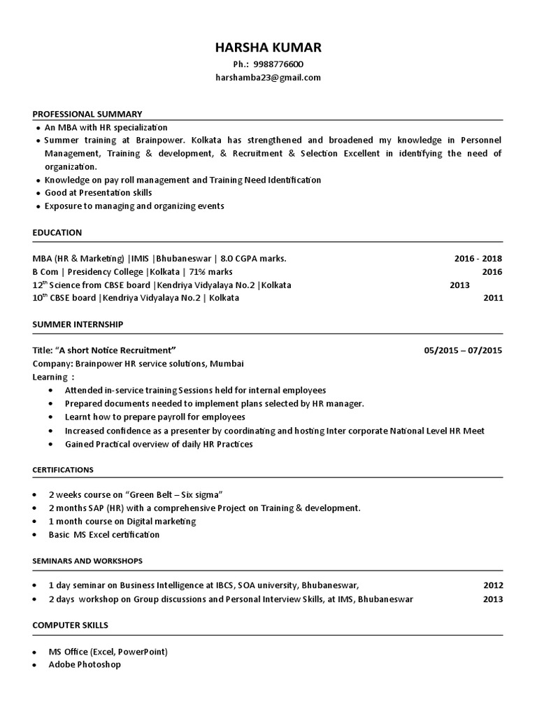 Resume Sample-Fresher MBA | PDF | Career & Growth | Business