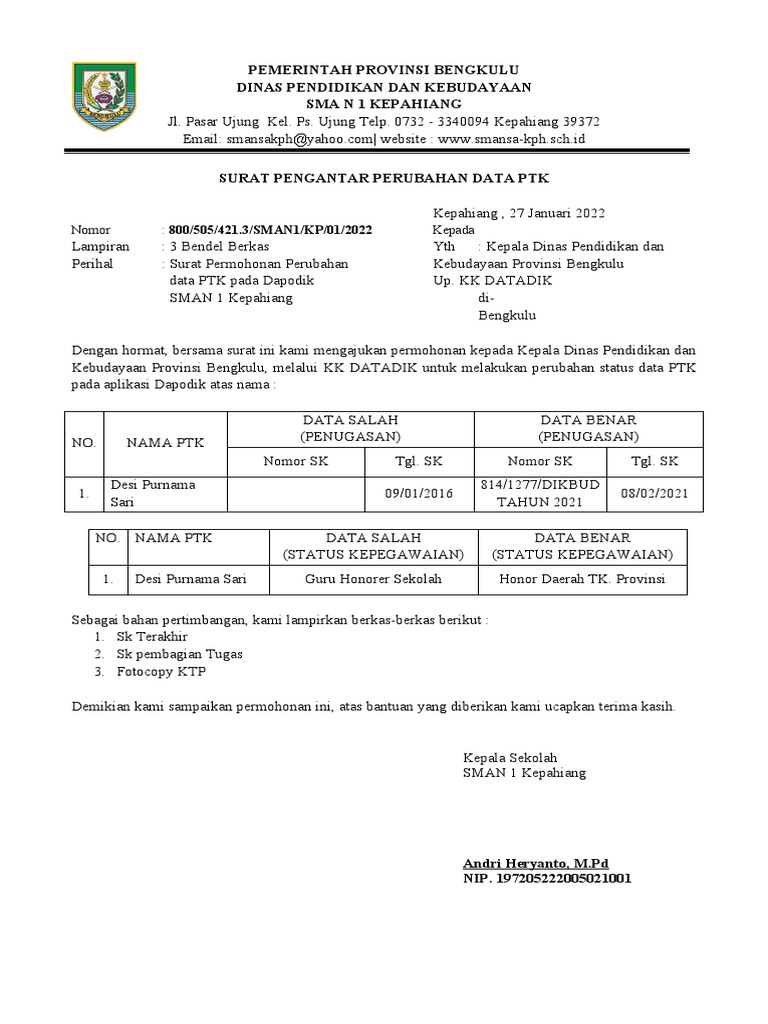 Contoh Surat Permohonan Perubahan Data PTK Di Dapodik 2020 | PDF