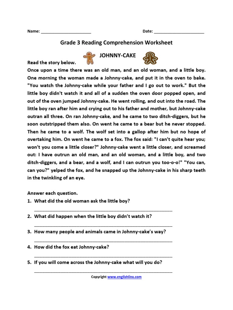 Grade 3 Reading Comprehension Worksheet Johnny-Cake | PDF