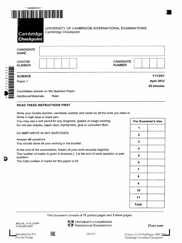 Cambridge Science Checkpoint Past Papers | PDF