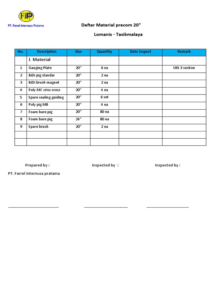 Daftar Material CLCP - TSK | PDF