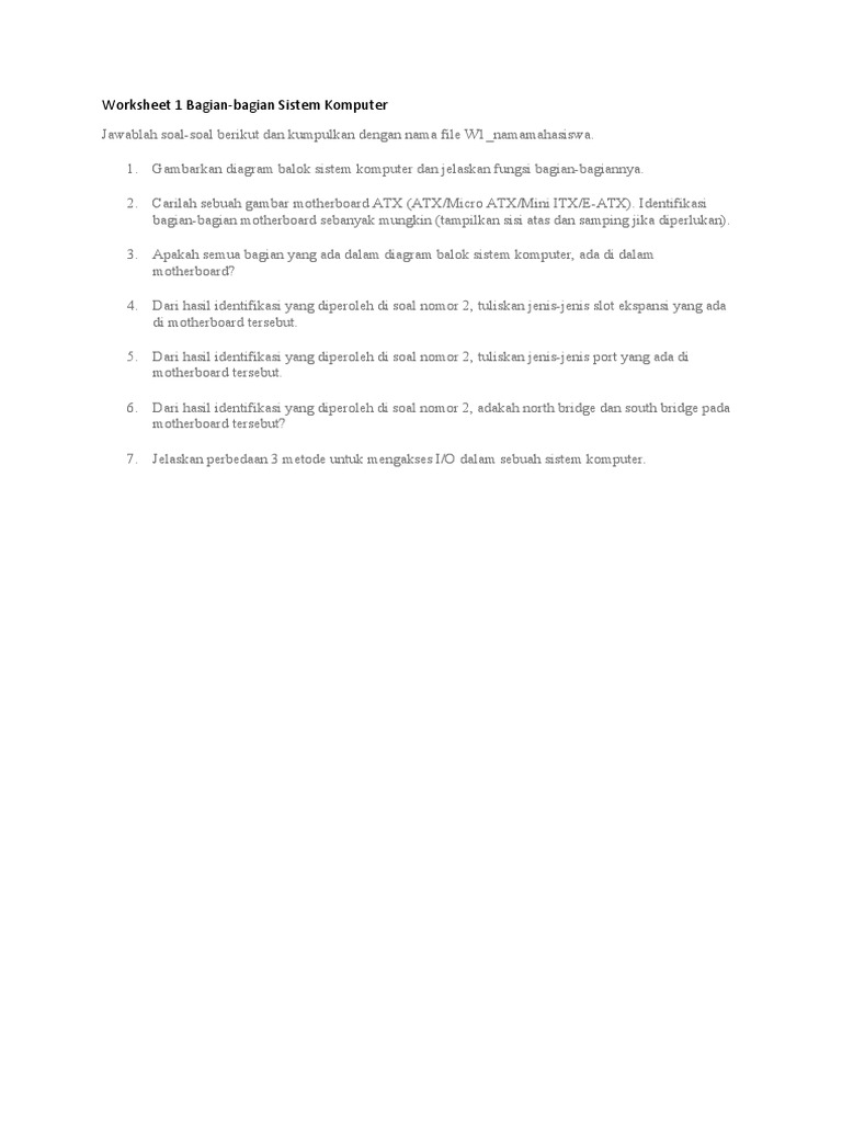Worksheet 1 Bagian-Bagian Sistem Komputer | PDF