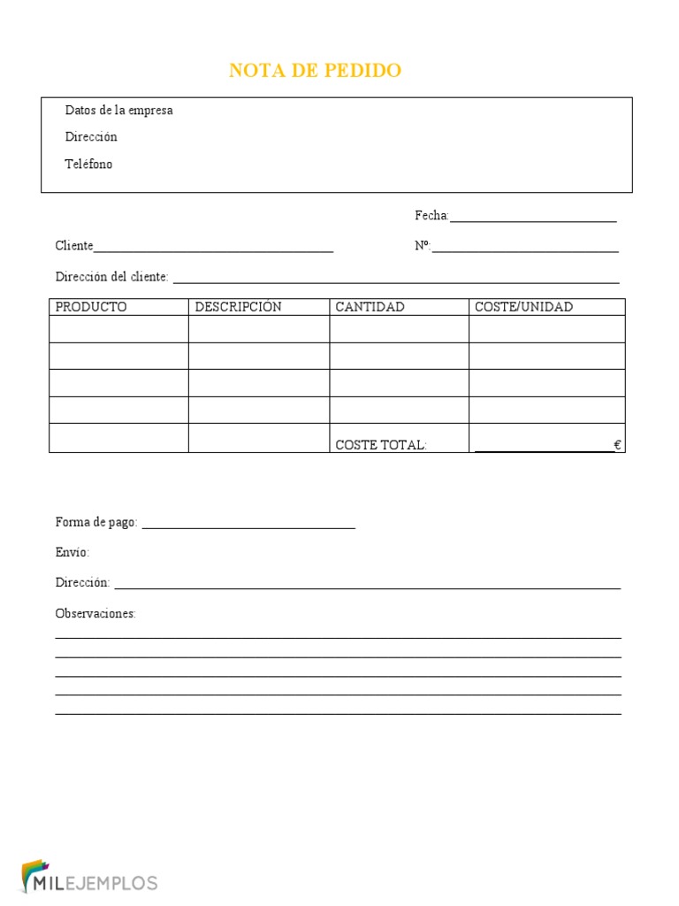 Ejemplo de Nota de Pedido | PDF