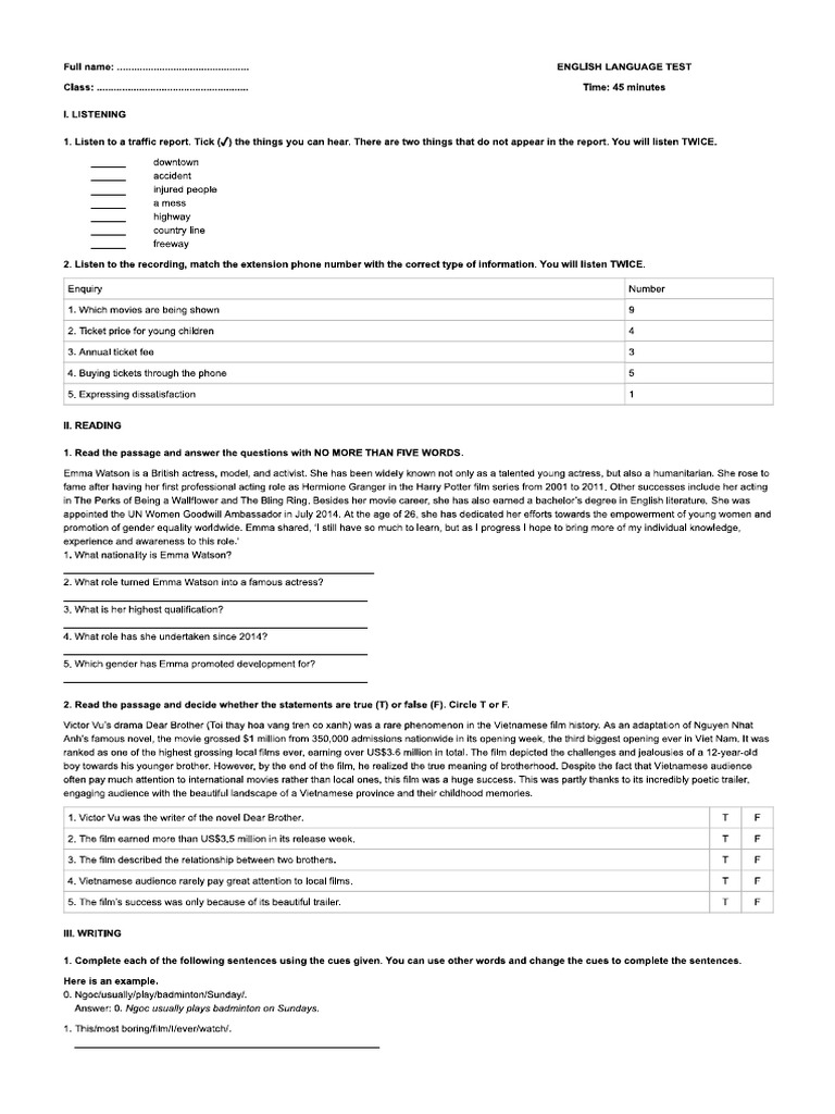 TA7 Unit 7 45 Minutes Test | PDF