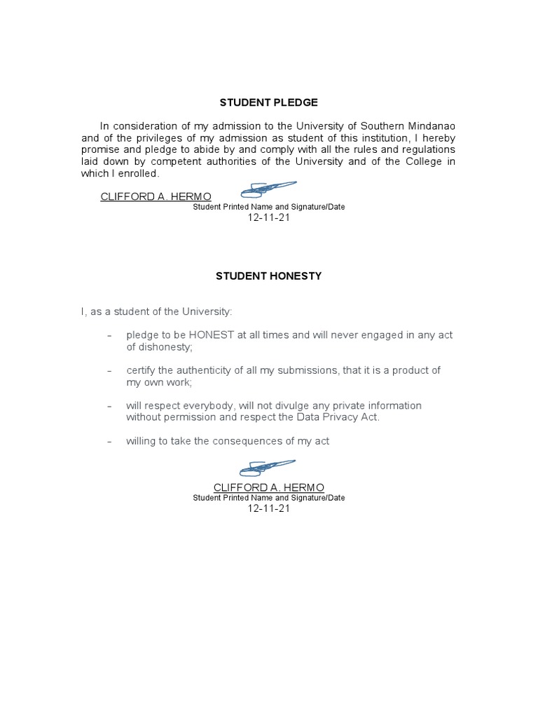Student Pledge: Student Printed Name and Signature/Date | PDF