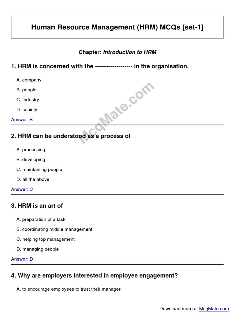 Human Resource Management (HRM) Solved MCQs (Set-1) | PDF | Human ...