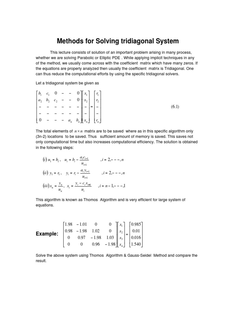 Methods For Solving Tridiagonal System Pdf Mathematics Of Computing Linear Algebra 4244