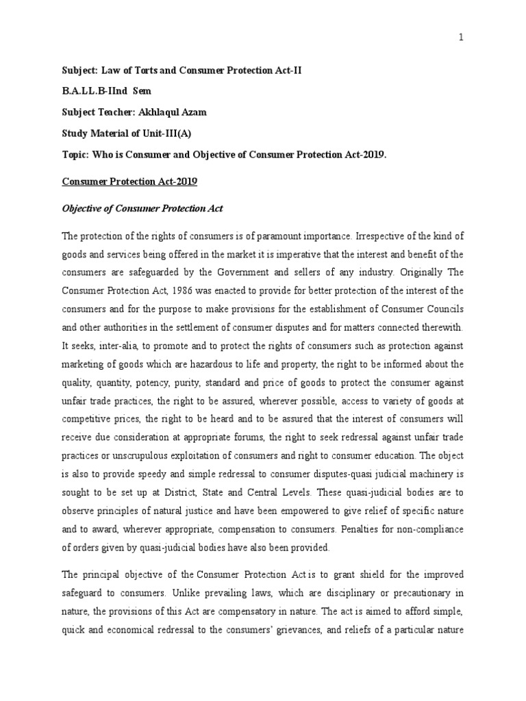 Who Is Consumer and Objectives of Consumer Protection Act, 2019 | PDF ...