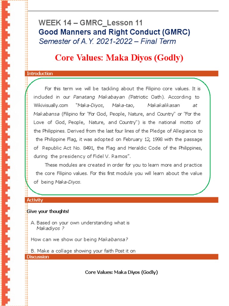 GMRC Lesson 11 Core Values Maka Diyos Godly | PDF