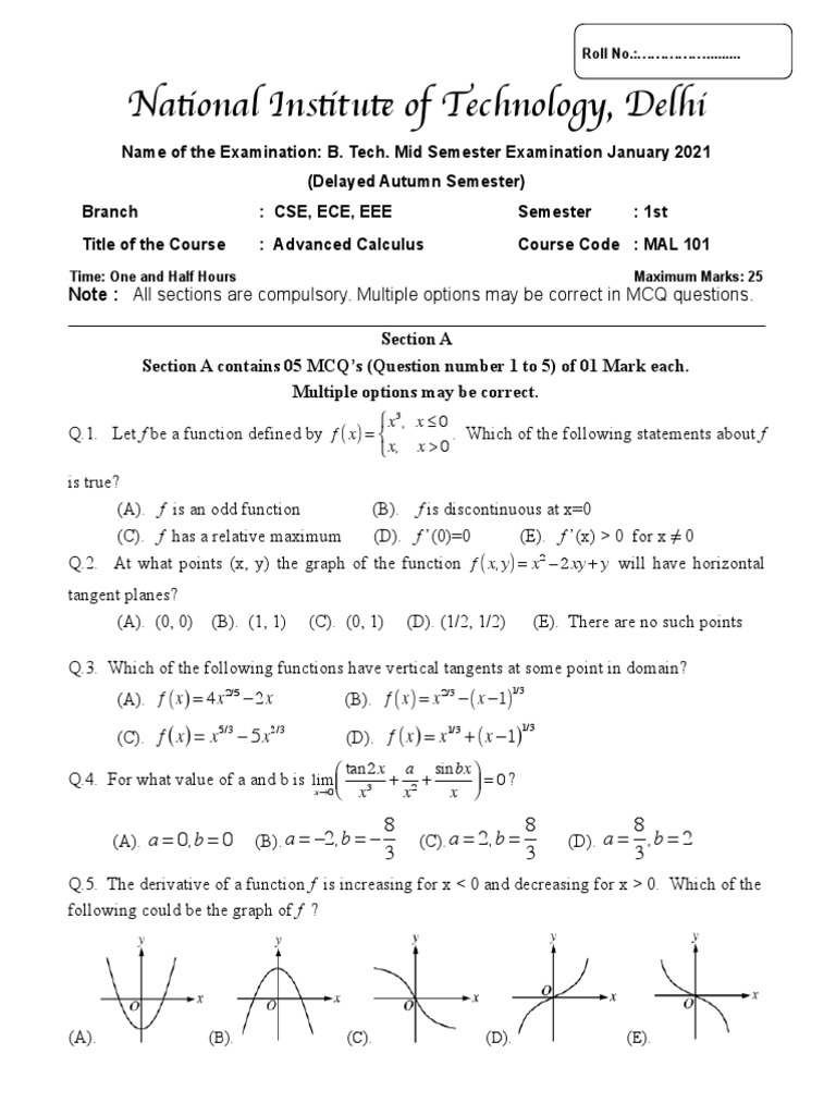 Question Paper MAL 101 Advanced Calculus Mid Sem | PDF | Function (Mathematics) | Derivative