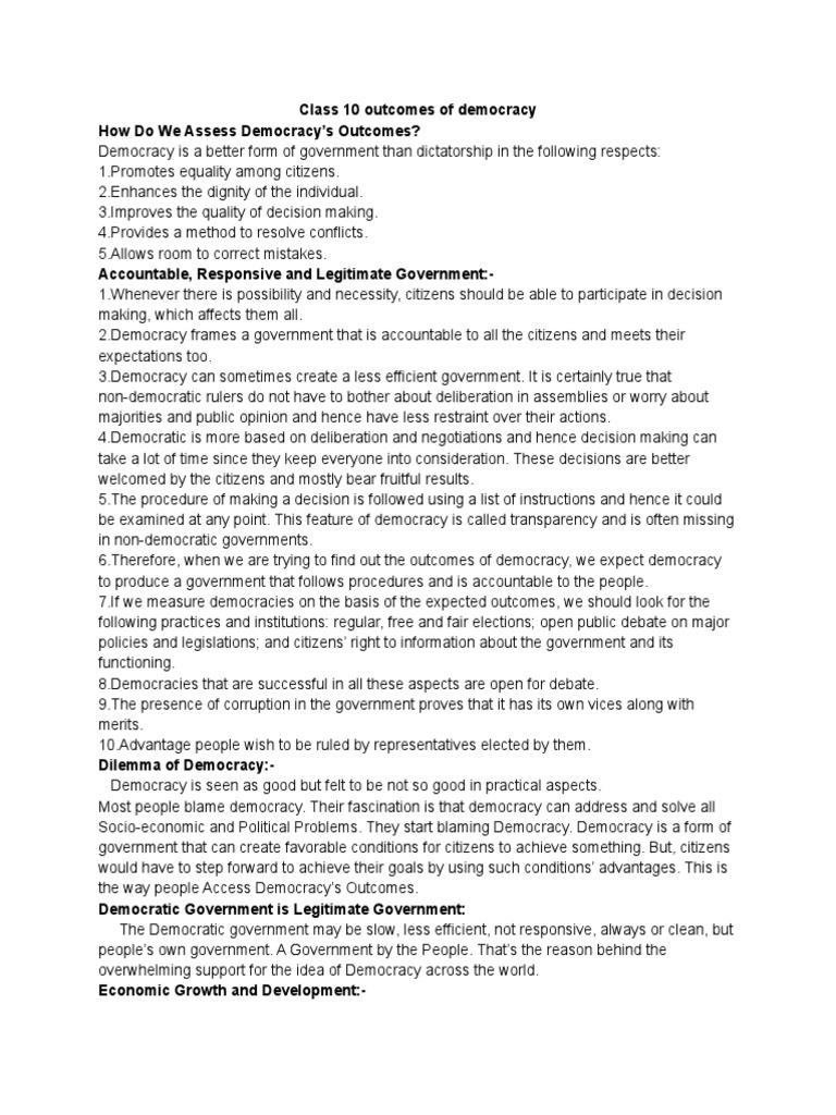 Class 10 Outcomes of Democracy | Download Free PDF | Democracy ...