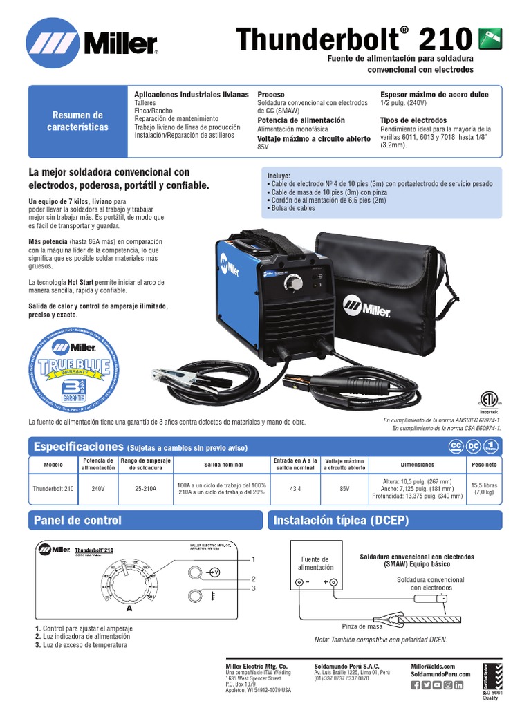 Ficha Técnica Miller Thunderbolt 210 | PDF | Construcción | Soldadura