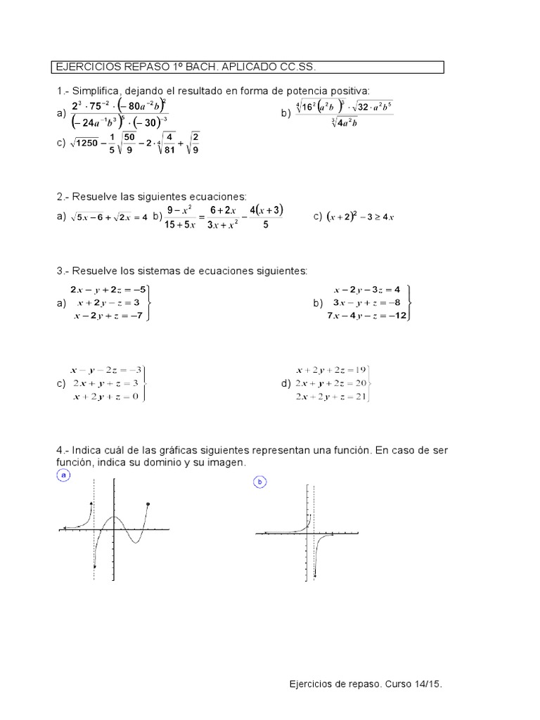 Ejercicios Repaso 1º Bach | PDF | Asíntota | Función (Matemáticas)