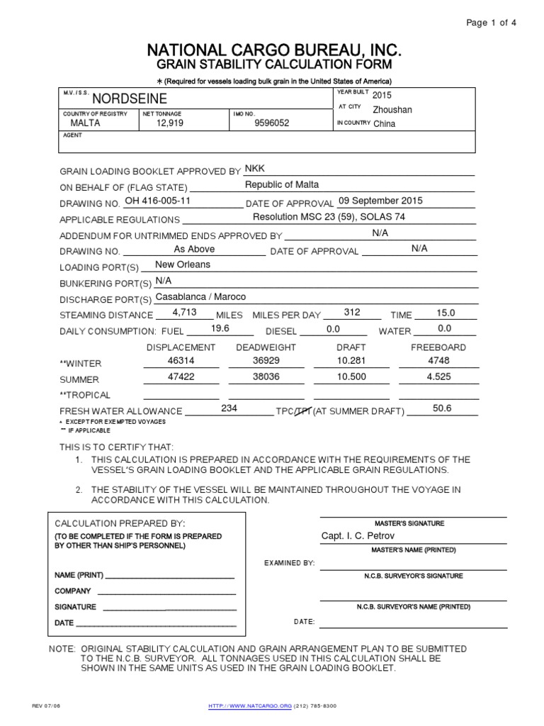 Grain Stability Calculation Form | PDF | Tonnage | Shipping