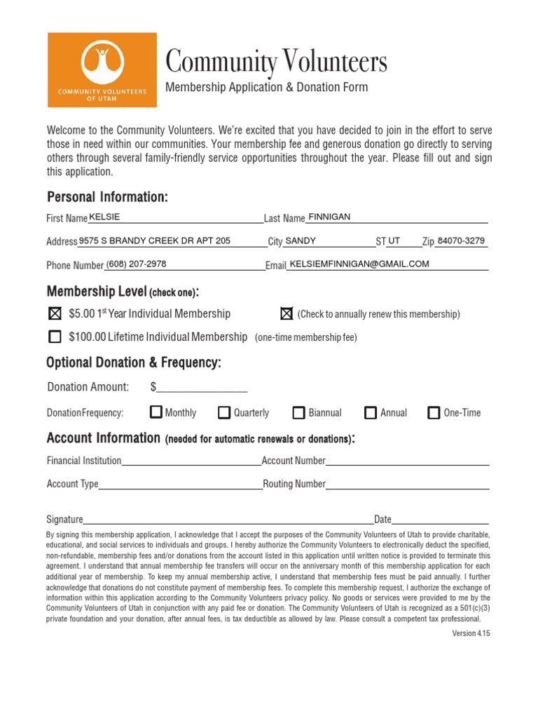 Community Volunteers: Personal Information | PDF | Fee | Donation