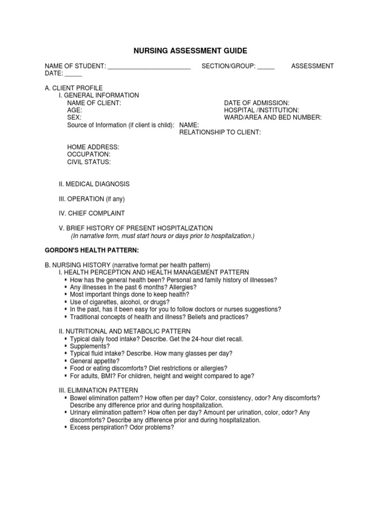 Gordon's Nursing Assessment Guide | PDF | Hospital | Urine