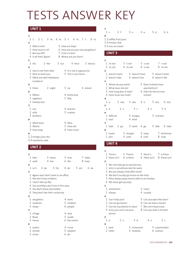 Tests Answer Key: Unit 1 | PDF