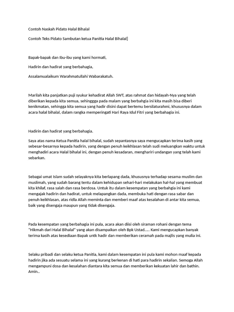Contoh Naskah Pidato Halal Bihalal Contoh Teks Pidato Sambutan Ketua Paniia Halal Bihalal Bapak ...