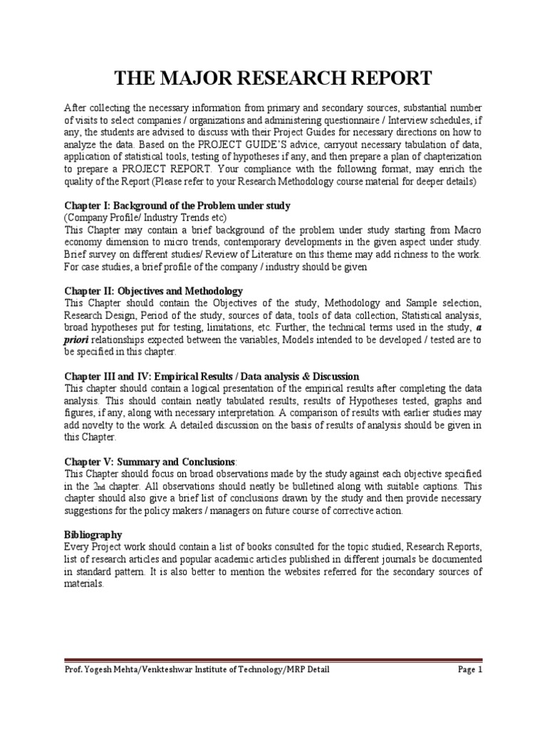 The Major Research Report: Chapter I: Background of The Problem Under ...