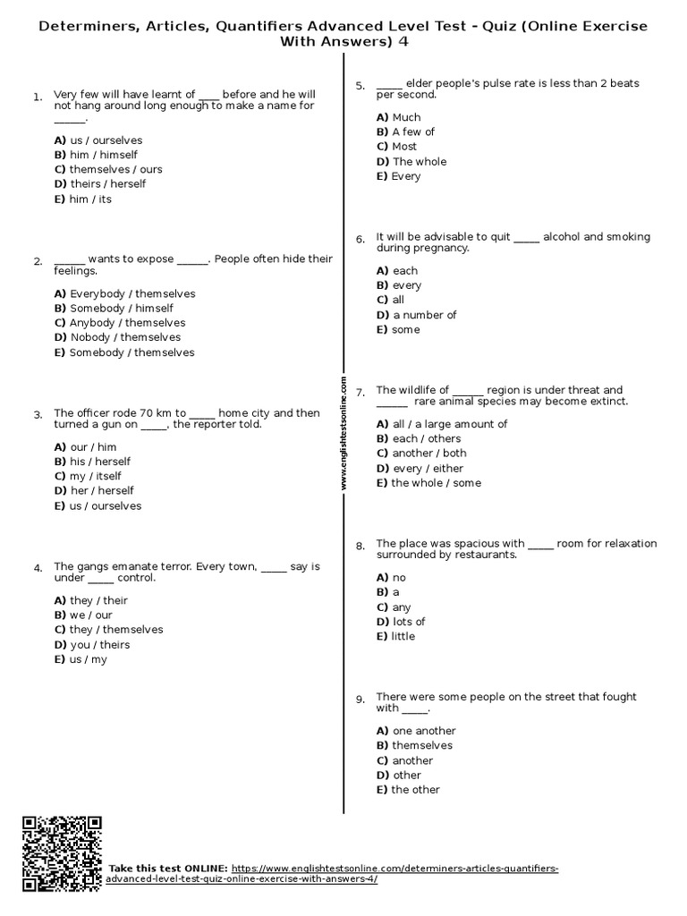 360 - Determiners Articles Quantifiers Advanced Level Test Quiz Online ...